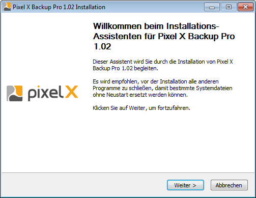 Installation der PixelX Backup PRO | Hilfe | PixelX